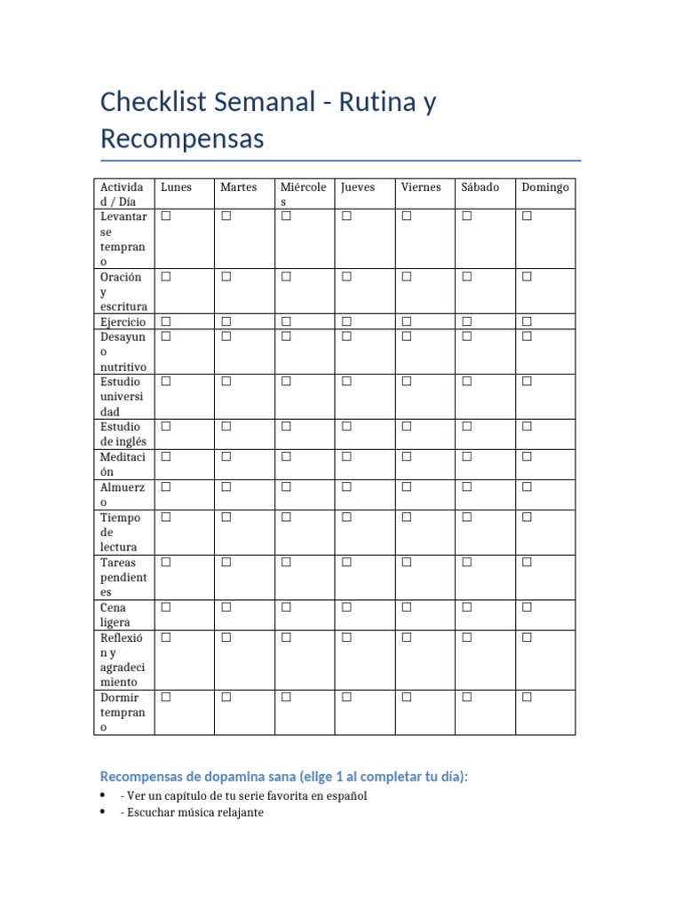 Checklist Semanal Columnas | PDF