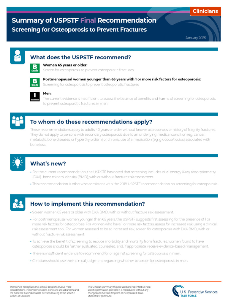 USPSTF Osteoporosis Screening Guidelines | PDF | Osteoporosis | Medical ...