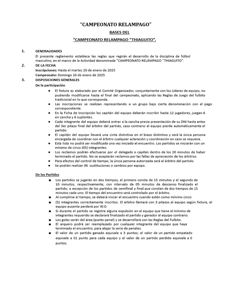 Bases Campeonato Relampago 2024-Ii | PDF | Deportes | Reglas y ...