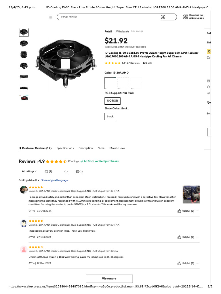 ID-Cooling IS-30 Black Low Profile 30mm Height Super Slim CPU Radiator LGA1700 1200 AM4 AM5 4 ...