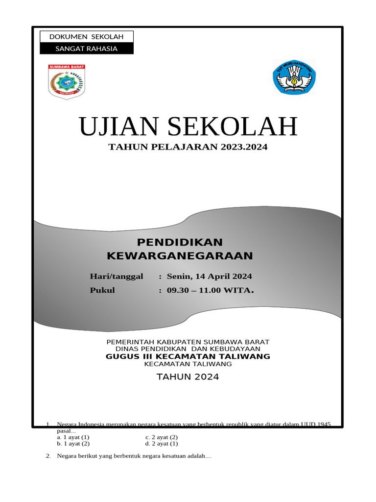 Soal US PKN 2023.2024 | PDF
