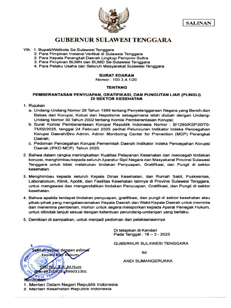 Surat Edaran Pemberantasan Penyuapan Dan Gratifikasi Di Sektor Kesehatan | PDF