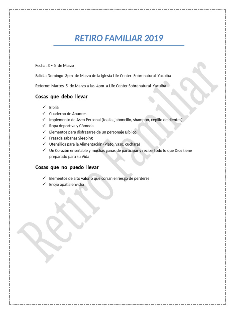 Retiro Familiar 2019: Cosas Que Debo Llevar | PDF