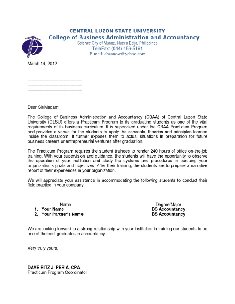 Recommendation Letter for OJT (BSAc)