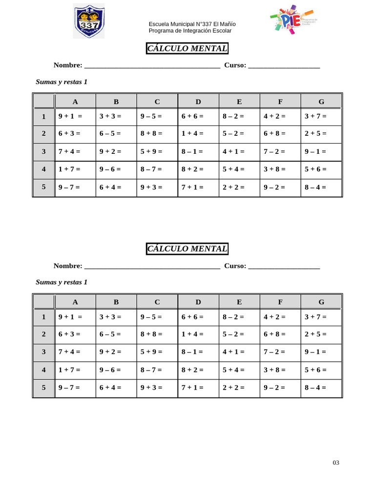 Ejercicios de Cálculo Mental para Primaria | PDF