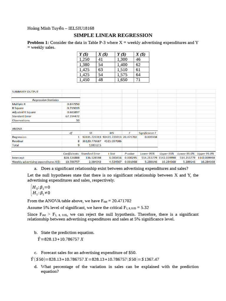 HW Simple Linear Regression 1 | PDF | Coefficient Of Determination | Statistical Significance