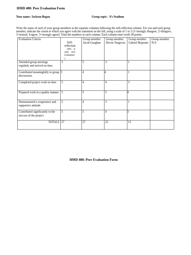 MID-SEMESTER - Peer Evaluation Form | PDF