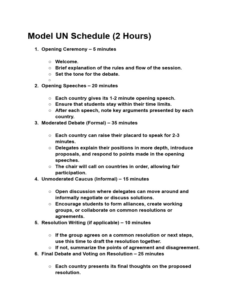 Model UN Schedule (2 Hours) | PDF | Refugee | Global Politics