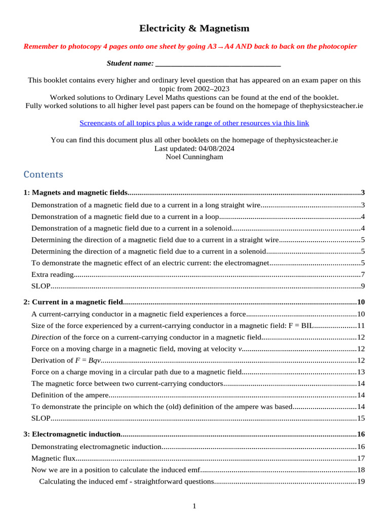 ELECTRICITY III Electricity & Magnetism Booklet | PDF | Electromagnetic ...
