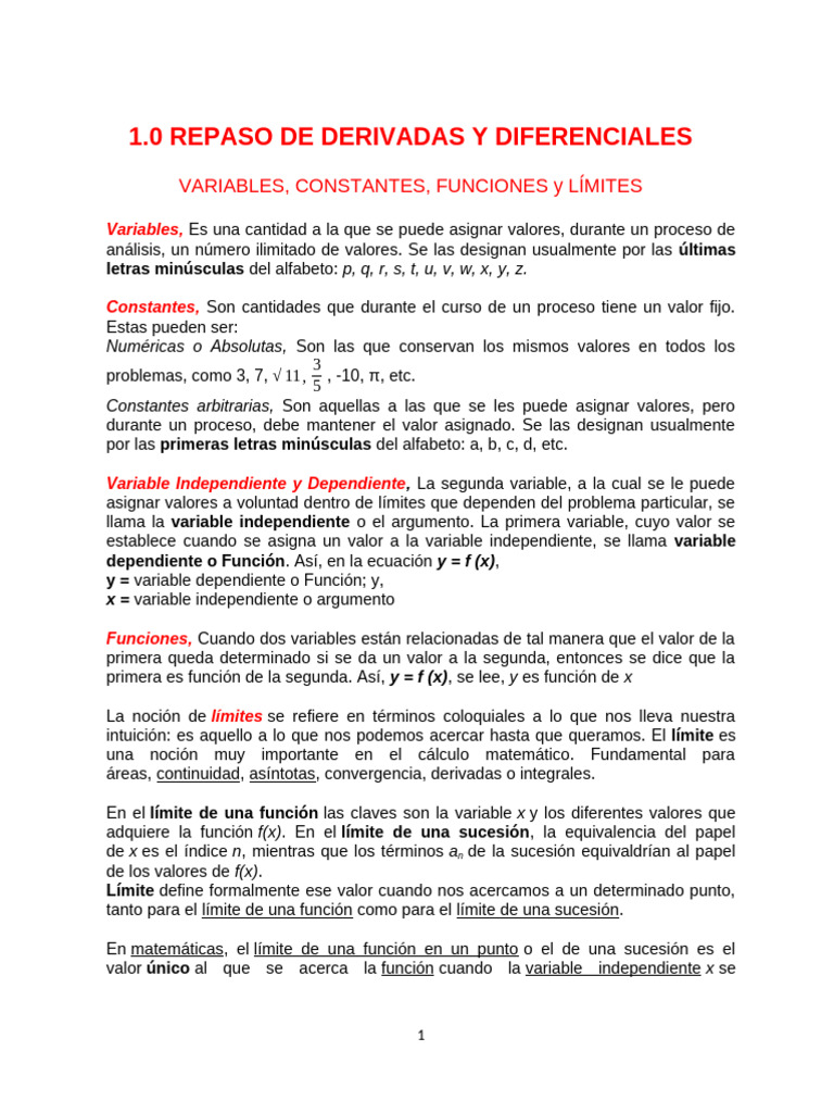 1.0 Repaso de Derivadas y Diferenciales | PDF | Derivado | Variable (Matemáticas)