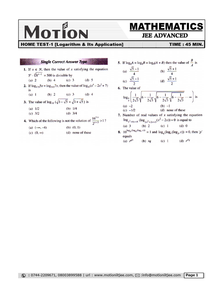 1 - Logarithm and Its Applications - Question.p65 | PDF
