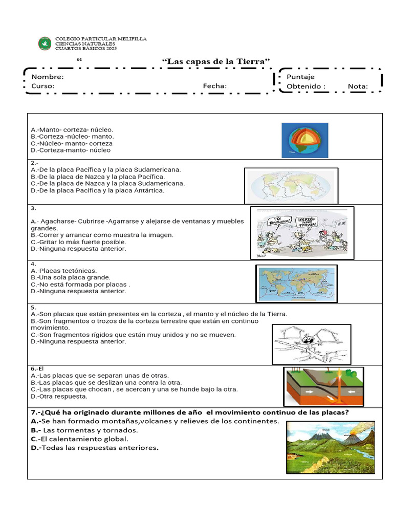 Prueba Unidad 1 Las Capas de La Tierra. | PDF | Temblores | Tsunami
