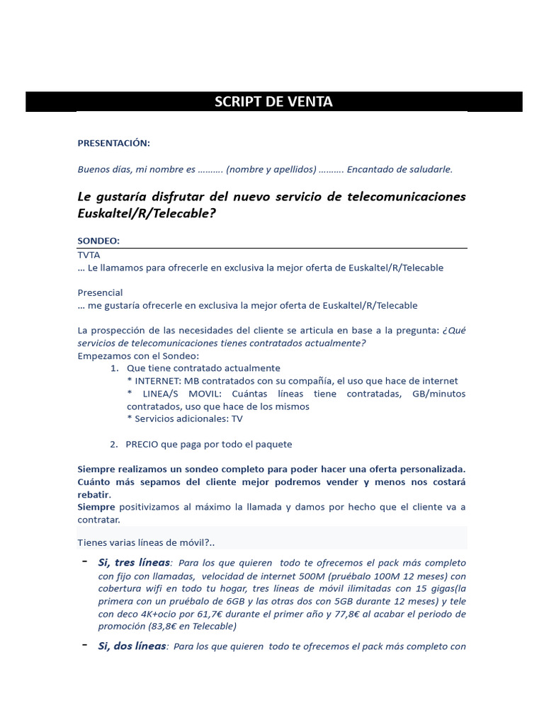 Script de Venta Euskaltel/R/Telecable | PDF | Internet | Telefonía móvil