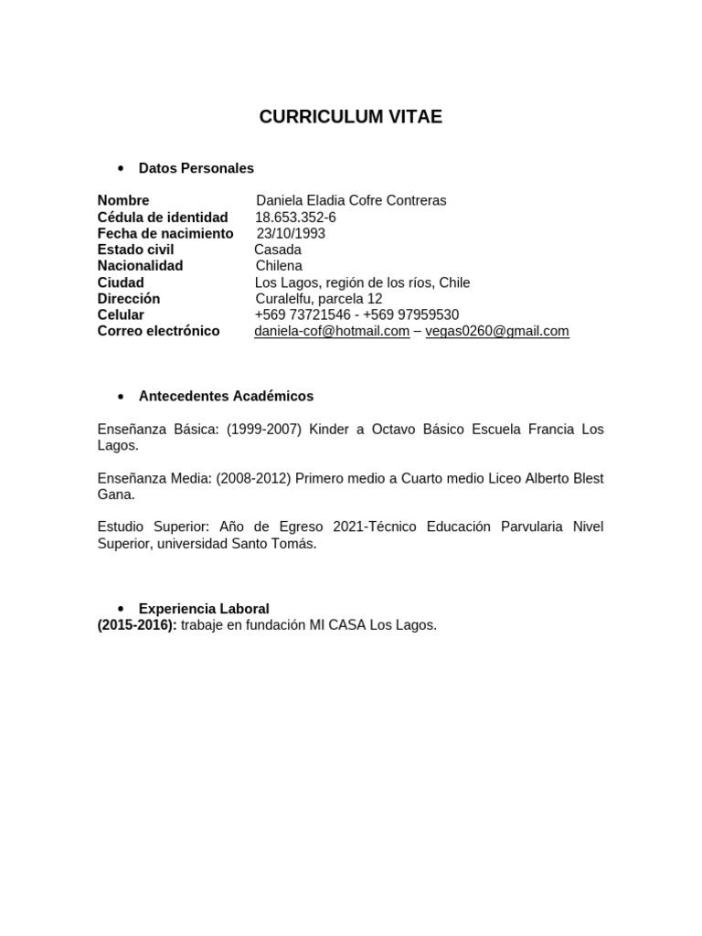 Curriculum Daniela Cofre | PDF