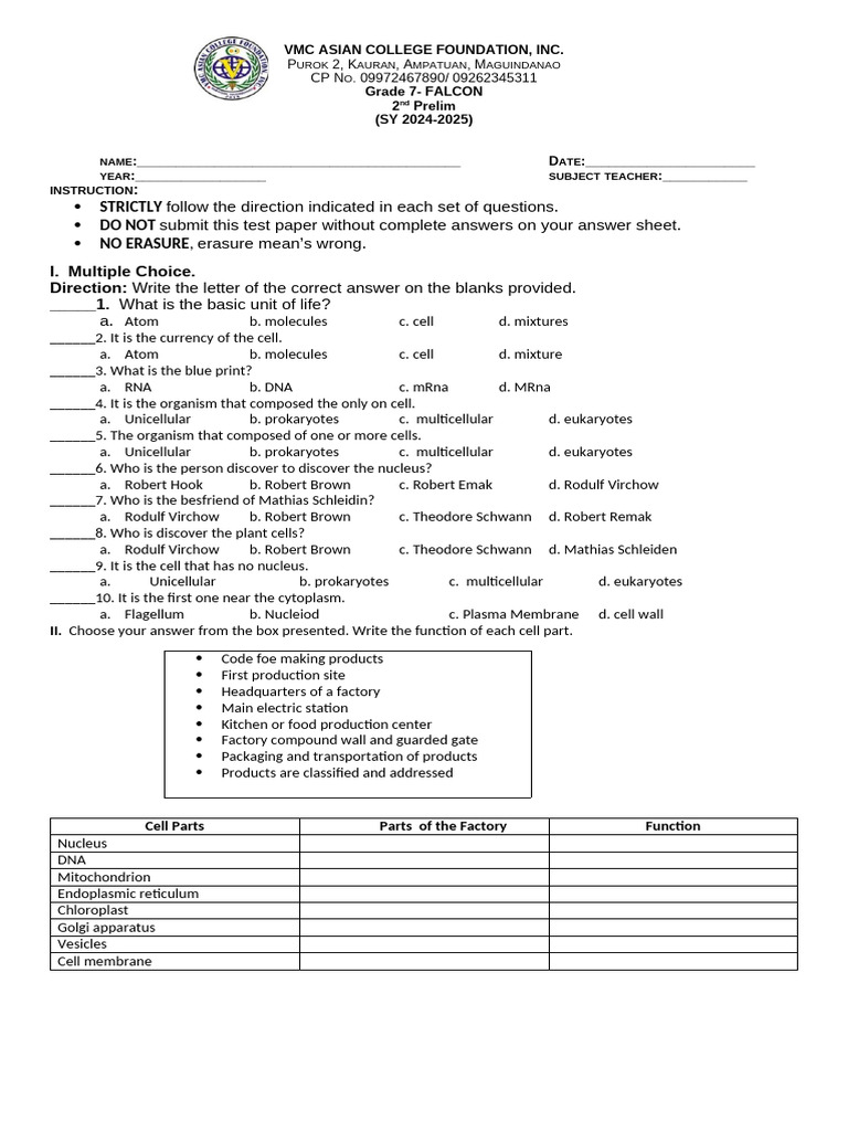 GRADE 7 PRELIM EXAM | PDF | Cell (Biology) | Organisms