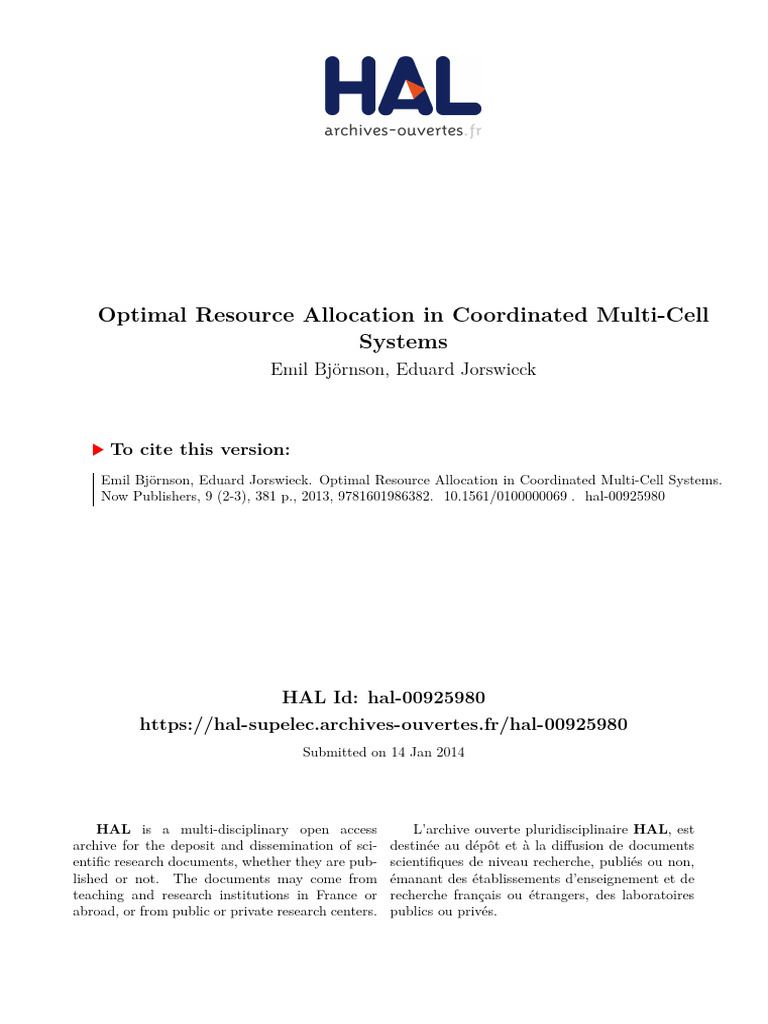 Optimal Resource Allocation In Coordinated Multi Cell System Pdf