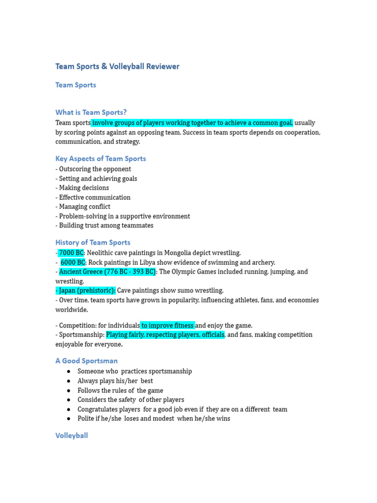 Team Sports and Volleyball Overview | PDF | Volleyball | Physical Fitness