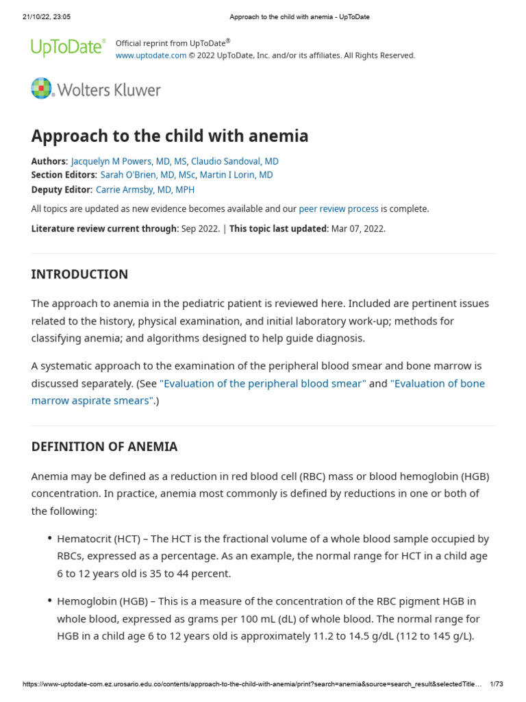 Approach To The Child With Anemia - UpToDate | PDF | Anemia | Hematology