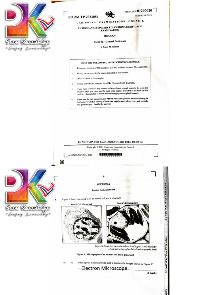 CSEC Bio p2 May June 2023 | PDF | Cell (Biology) | Biology