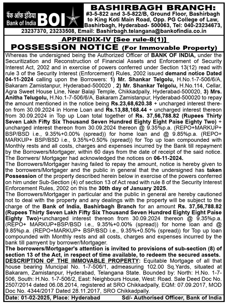 Bank of India Possession Notice 2025 | PDF | Loans | Mortgages