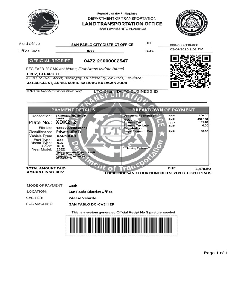 OFFICIAL-RECEIPT - PDF 20250423 182951 0000 | PDF | Payments | Transport