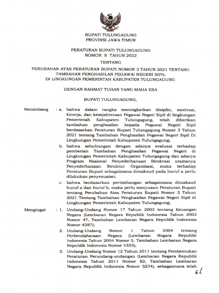 PERBUP NOMOR 8 TAHUN 2022 TENTANG PERUBAHAN ATAS PERBUP NO 3 TH 2021 TTG TAMBAHAN PENGHASILAN ...