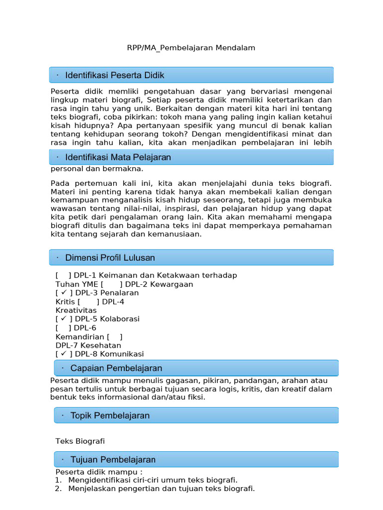 Template RPP - Pembelajaran Mendalam | PDF