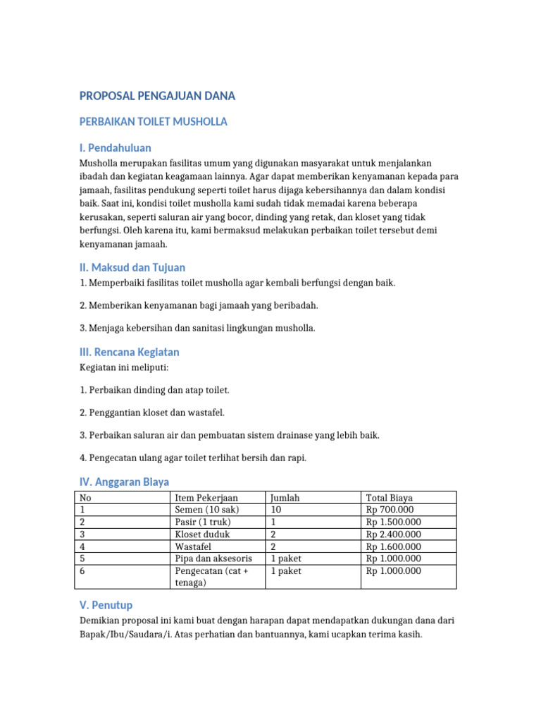 Proposal Perbaikan Toilet Musholla | PDF