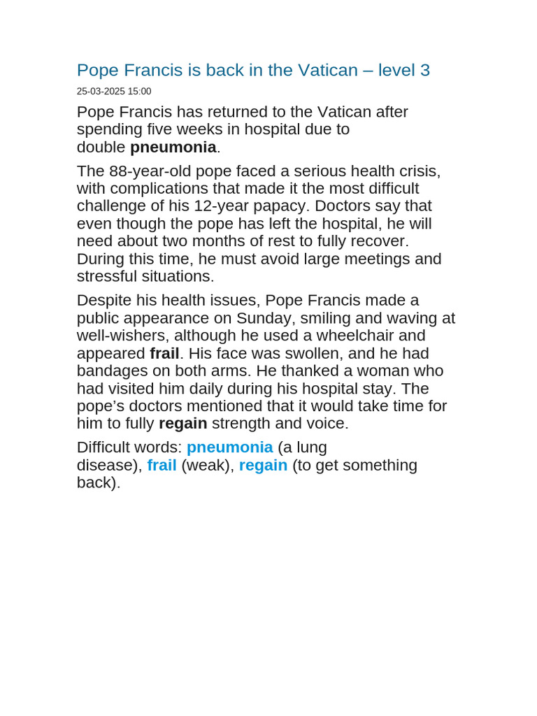 Pope Francis Is Back in The Vatican | PDF