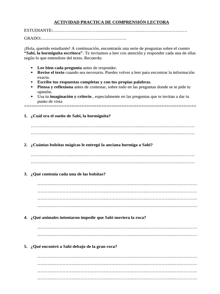 ACTIVIDAD PRACTICA DE COMPRENSIÓN LECTORA | PDF