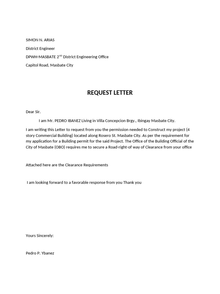 Letter To DPWH Rrow Clearance | PDF