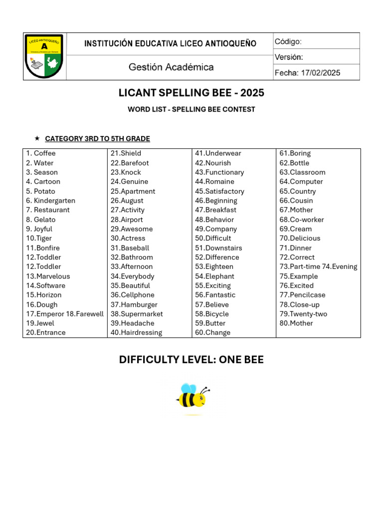 Spelling Bee LICANT 2025 | PDF