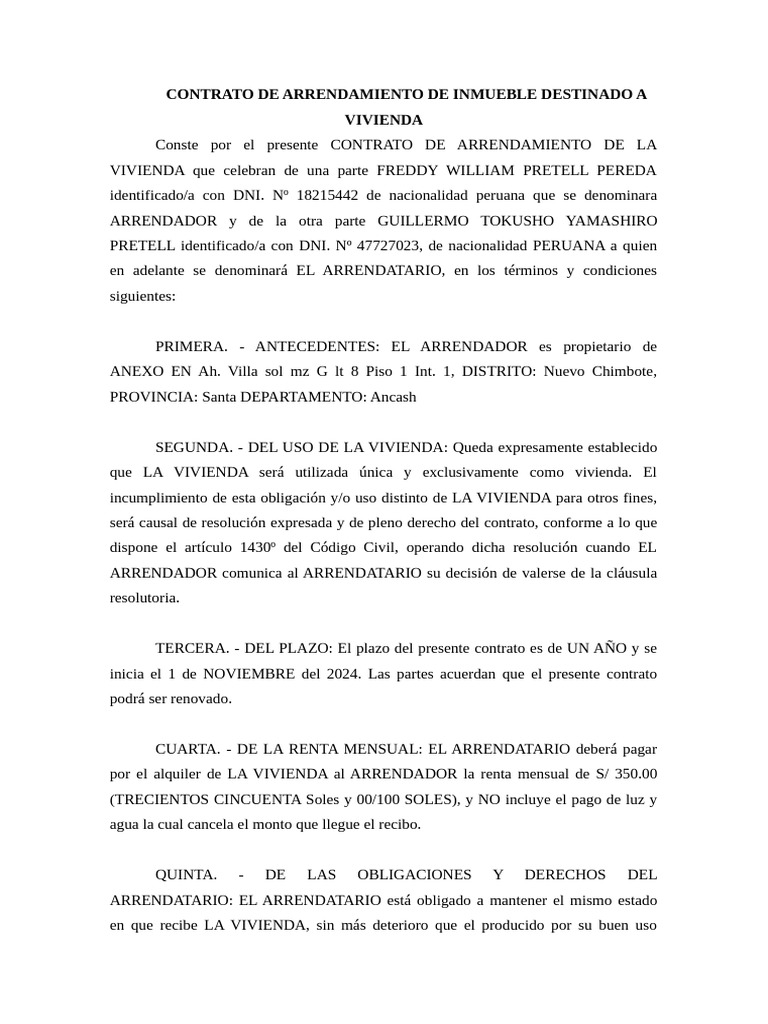 Contrato de Arrendamiento de Inmueble Destinado A Vivienda | PDF