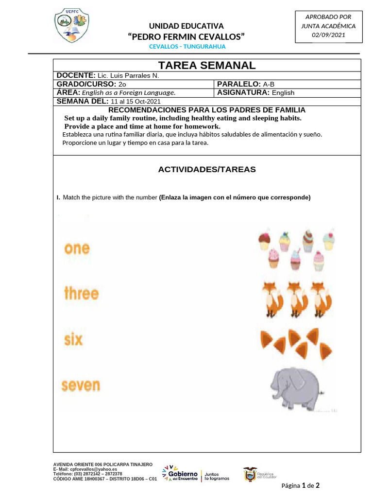Tarea Semanal de Inglés para 2° Grado | PDF
