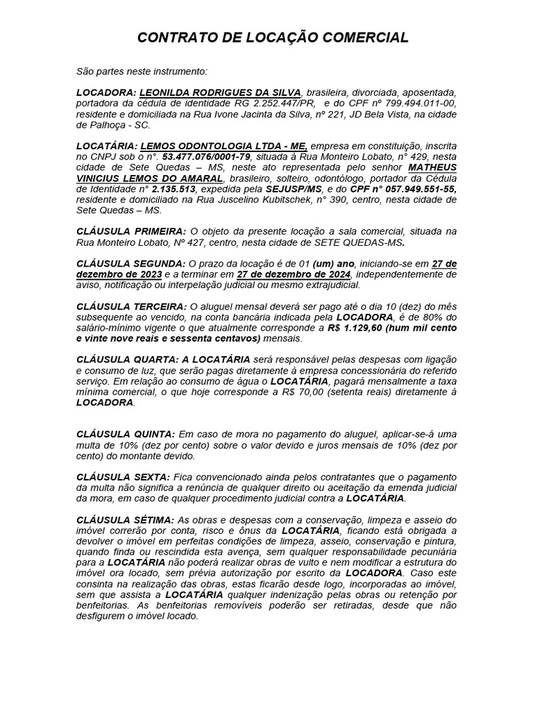CONTRATO DE LOCACAO Mateus Lemos - LEONILDA Assinado | PDF | Direito ...