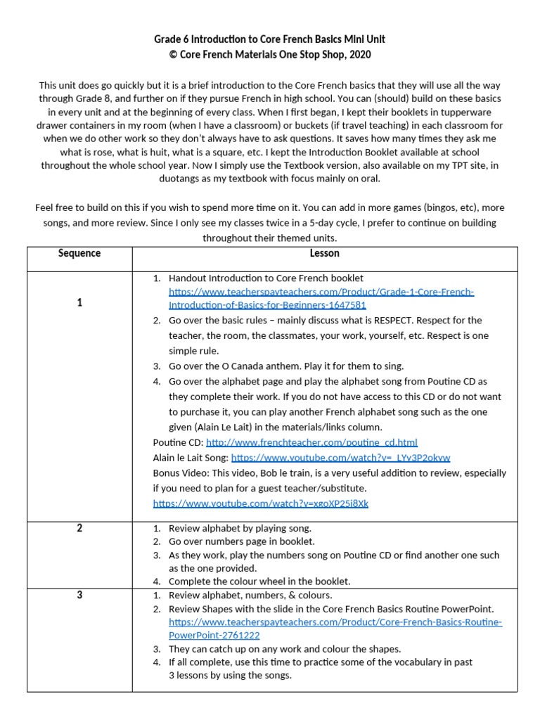 Grade 6 Core French Basics Unit | PDF | Gesture | Communication