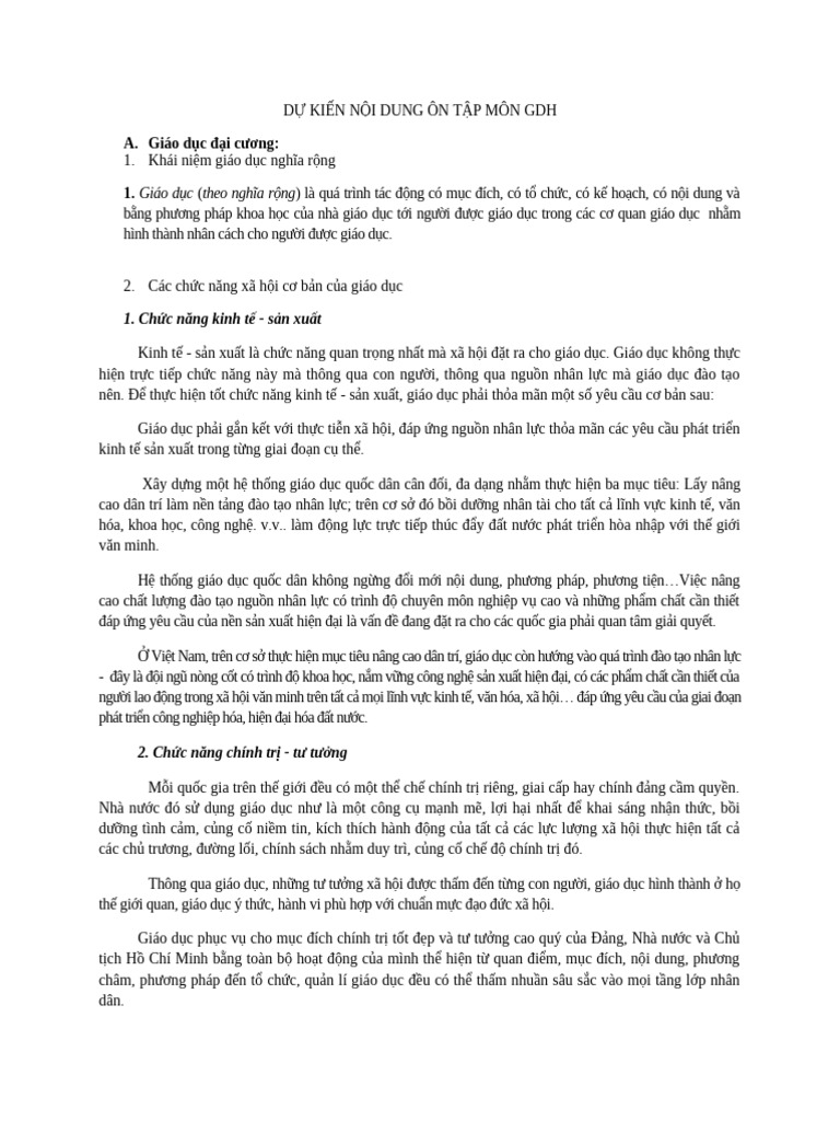 DỰ KIẾN NỘI DUNG ÔN TẬP MÔN GDH Bản 2 | PDF