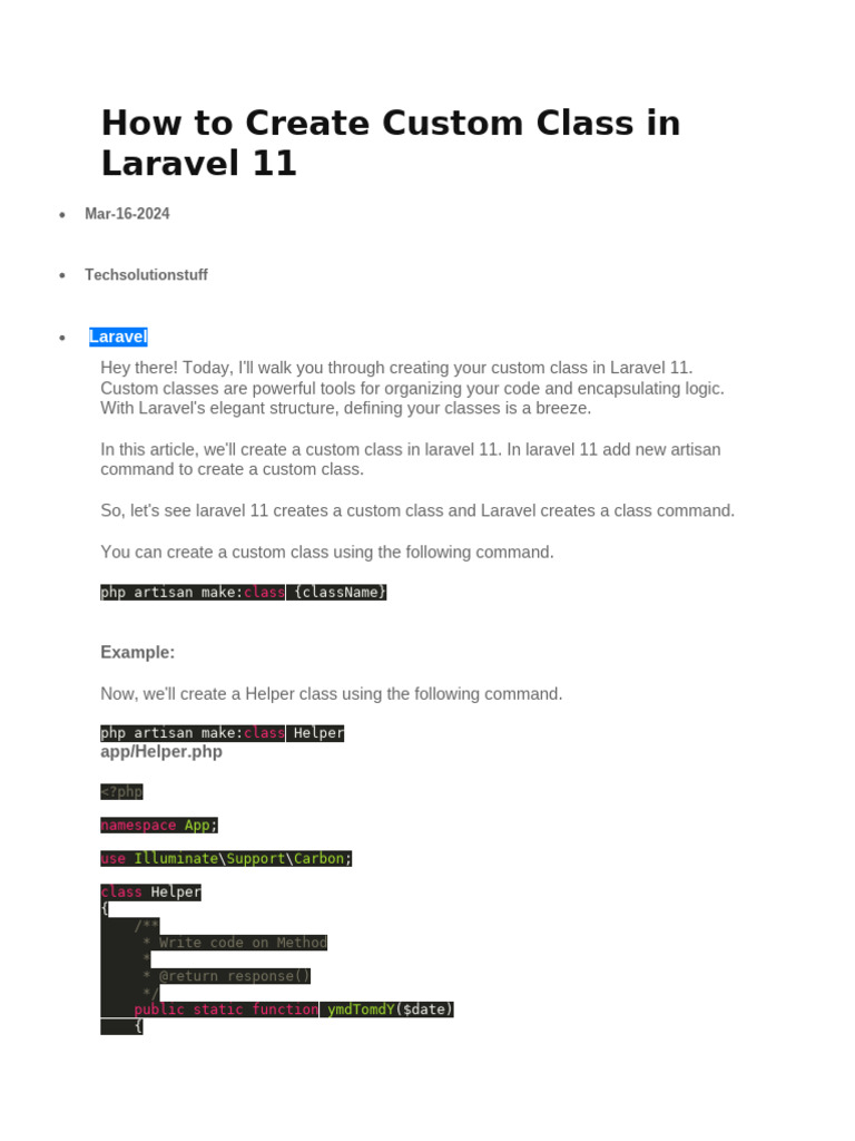 How to Create Custom Class in Laravel 11 | PDF