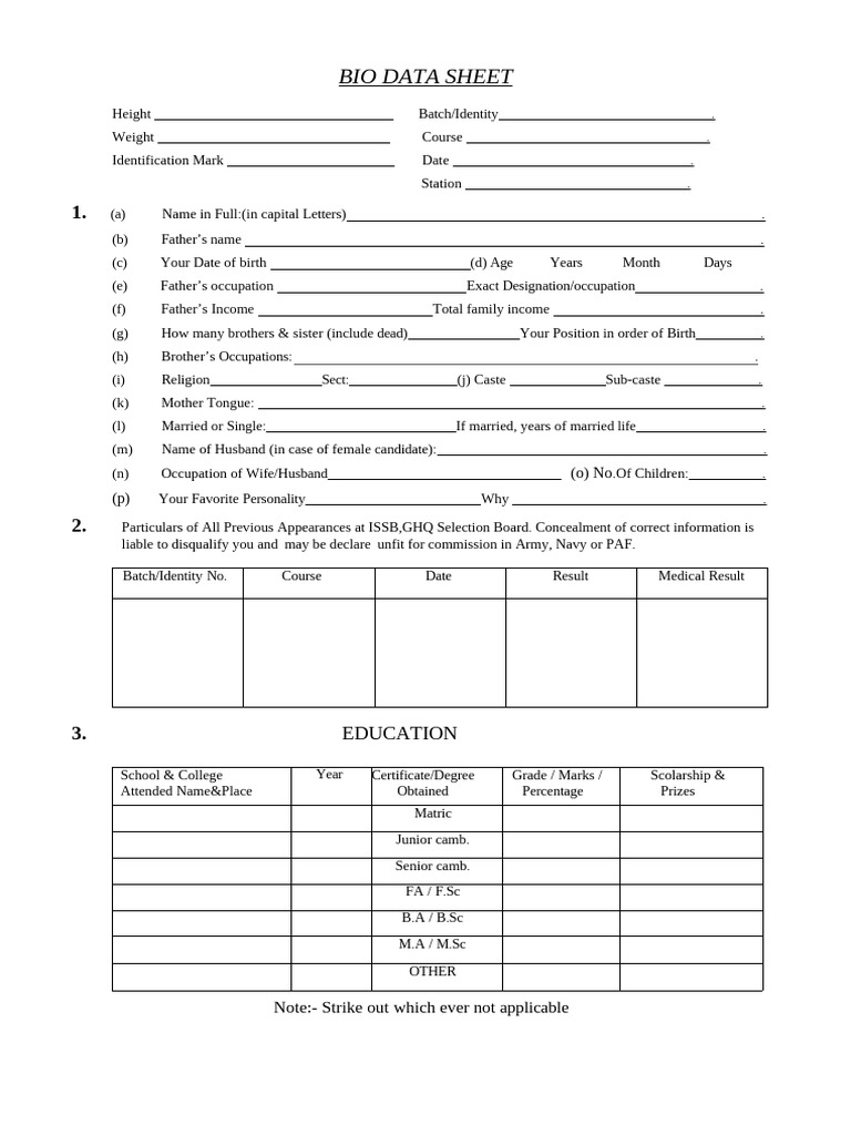 ISSB Biodata Form Template | PDF