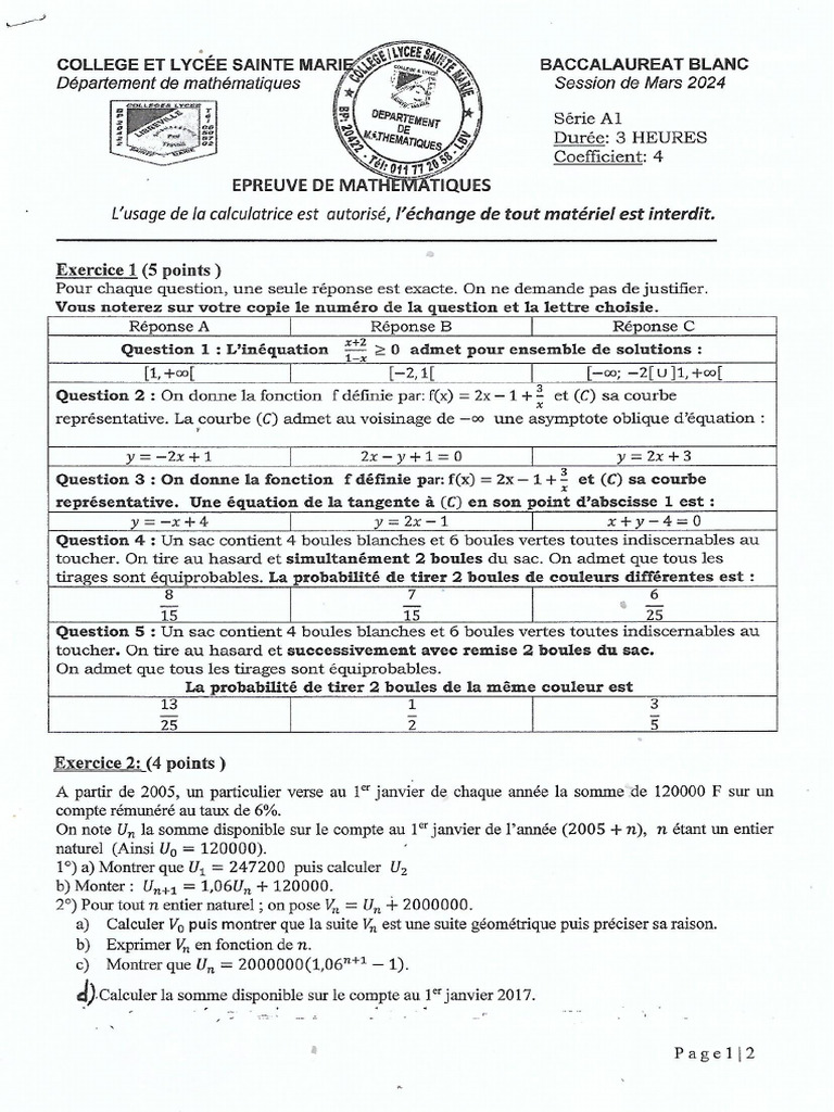 Bac Blanc Maths A1-A2-B-C-D Saima | PDF