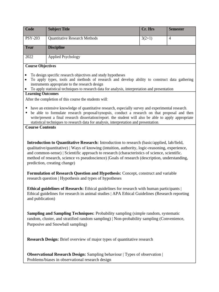 Quantitative Research Methods Course Guide | PDF | Quantitative ...