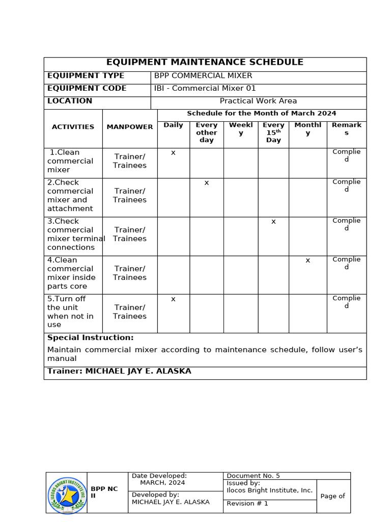 MTF 5 - Equipment Maintenance Schedule | PDF