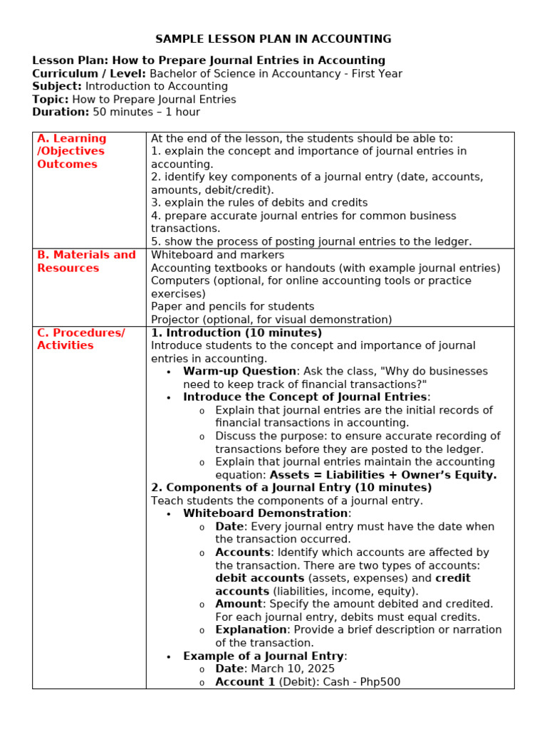Sample Lesson Plan in Accounting | PDF | Debits And Credits | Accounting