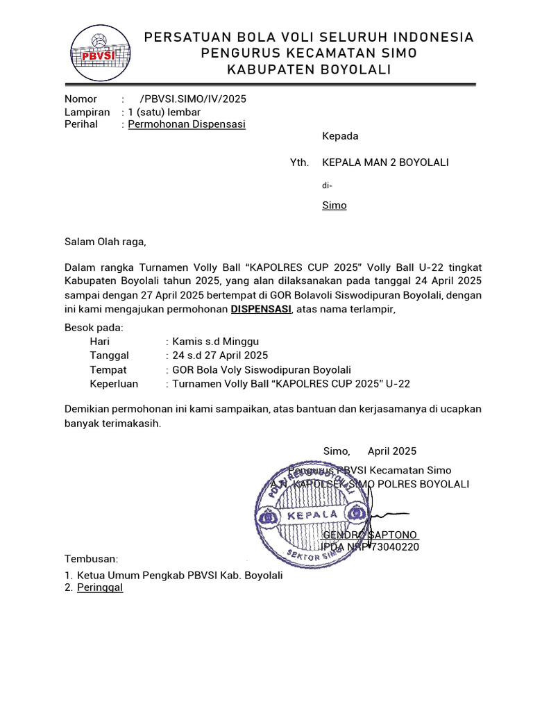 Surat Dispensasi Volly Ball Simo MAN 2 | PDF