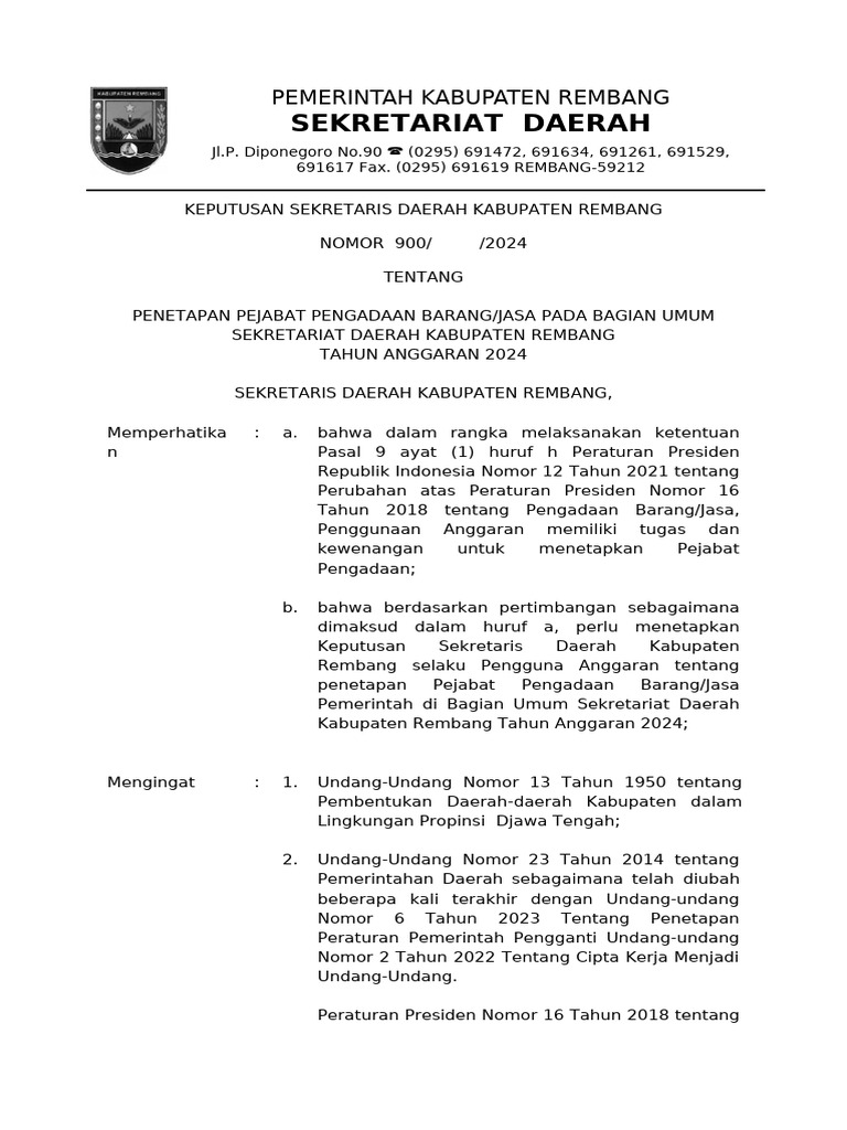 Penetapan Pejabat Pengadaan Barangjasa Pada Bagian Umum Sekretariat Daerah Kabupaten Rembang | PDF