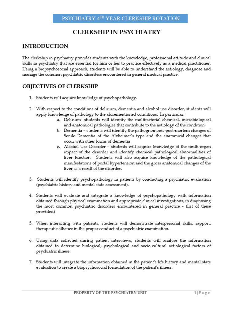 Psychiatry Clerkship Overview Guide | PDF | Psychiatry | Mental Disorder
