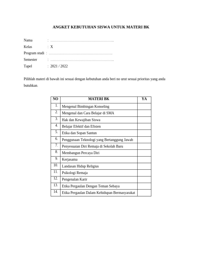 Angket BK Kelas X | PDF