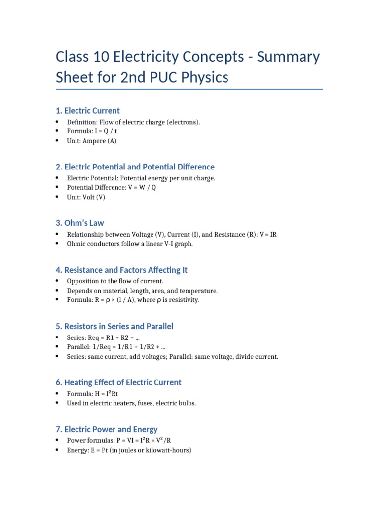 Class10 Electricity Summary 2ndPUC | PDF