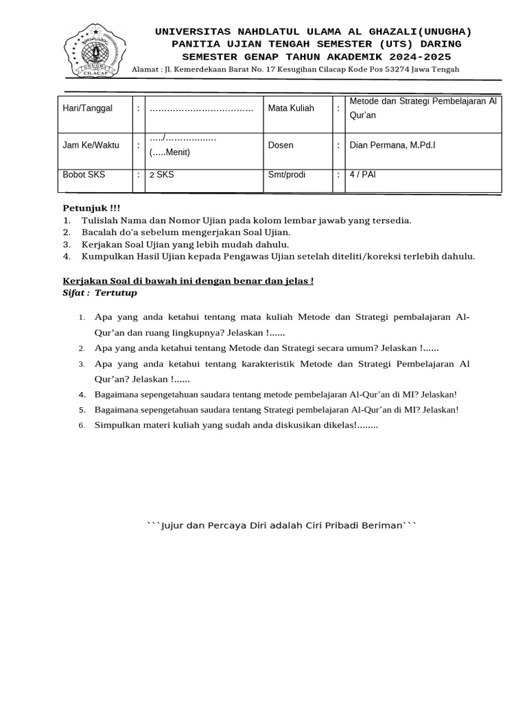 Soal UTS Metode Dan Strategi Pembelajaran Al Qur'an (PAI) | PDF
