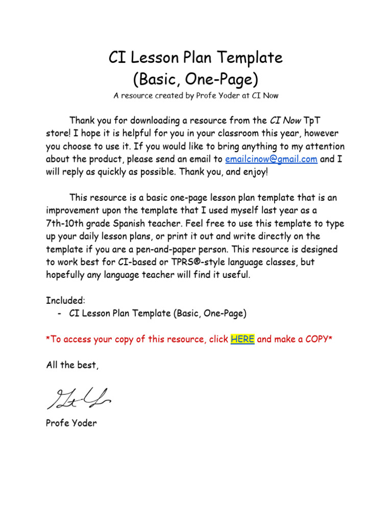 CI Lesson Plan Template (Basic, One-Page) | PDF